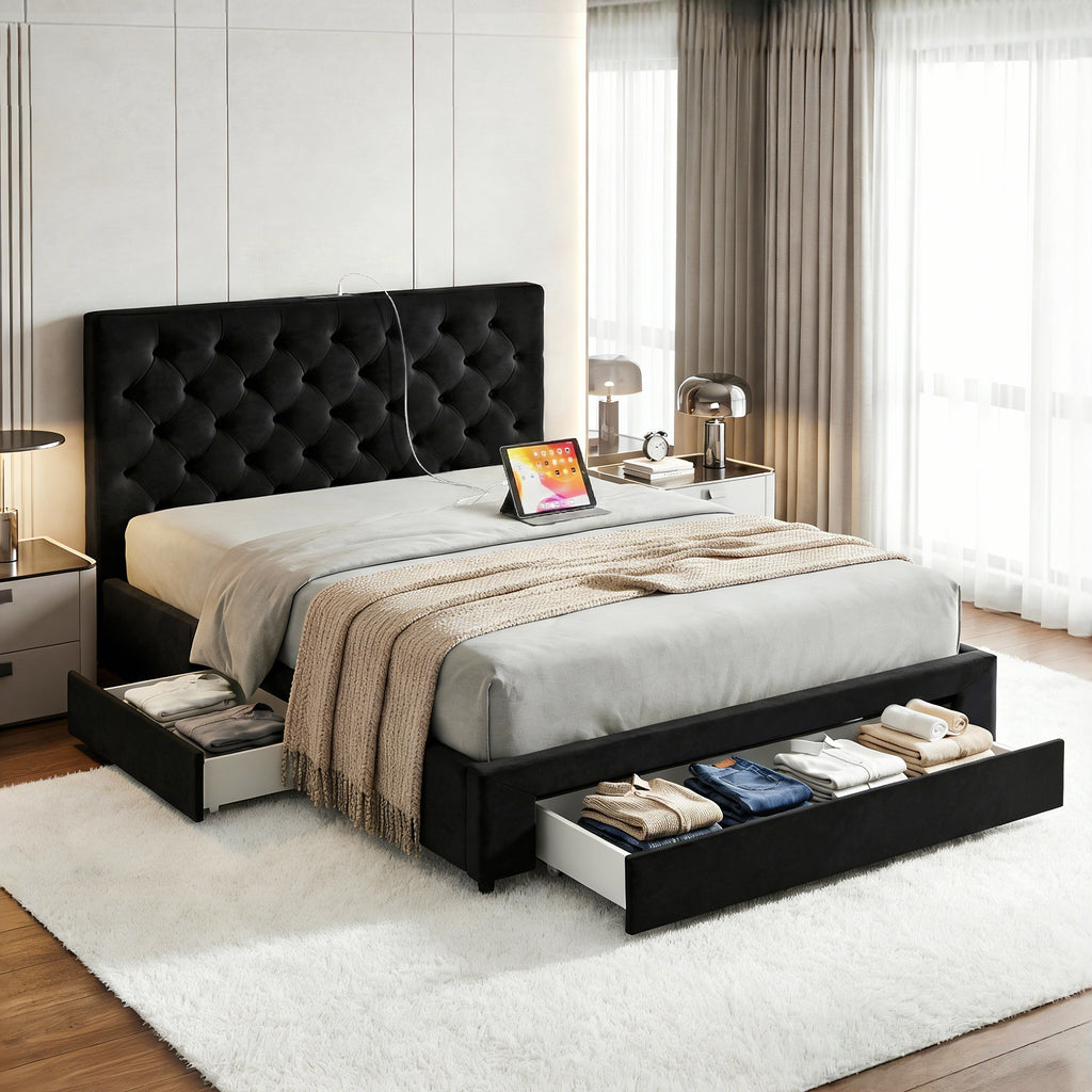 Artiss Double Bed Frame Storage Charging Station Upholstered 3 Drawers