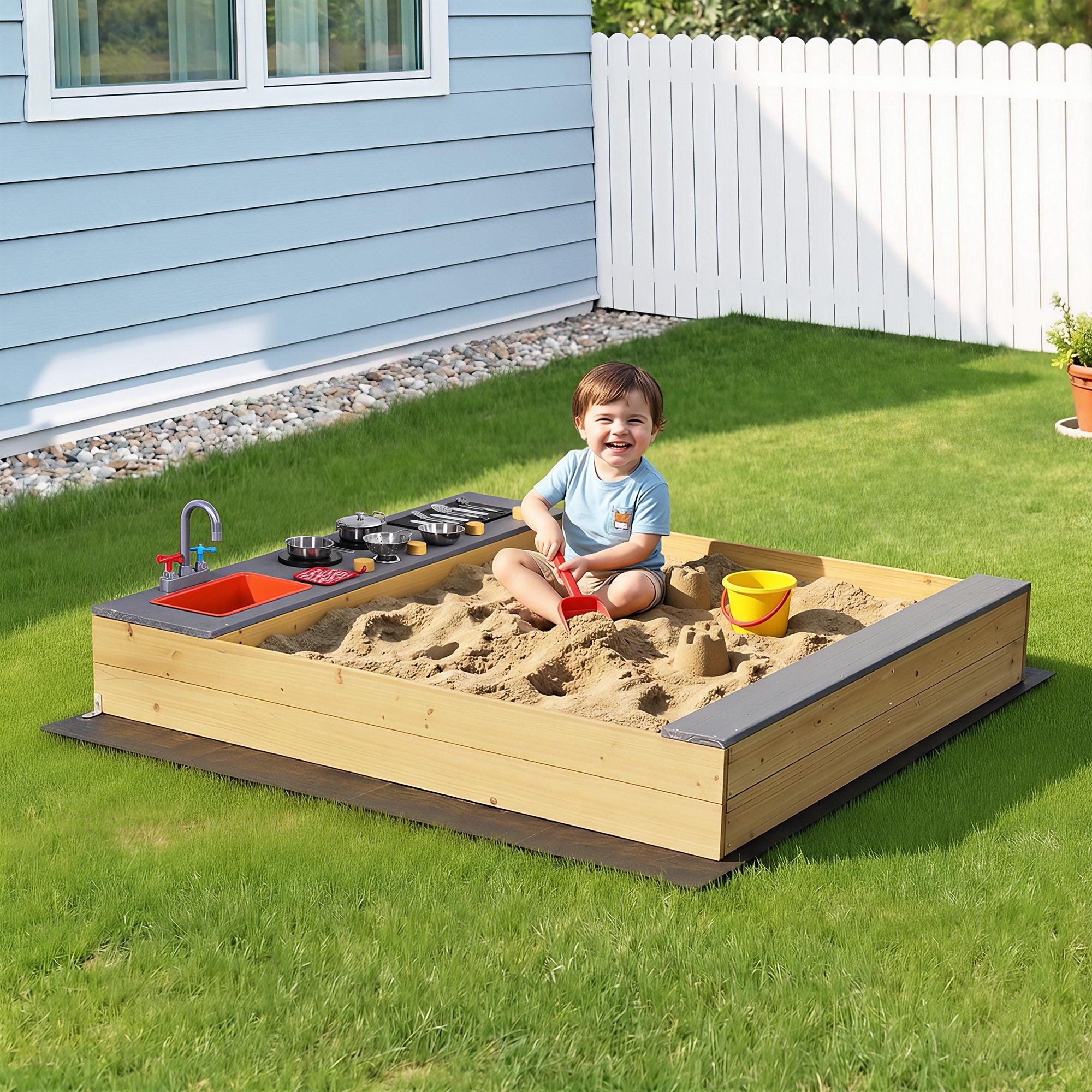 Keezi Wooden Sandpit Sand Pit Outdoor Kids Toy Box Mud Kitchen Sink St