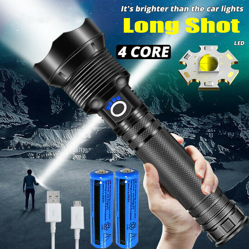 99000LM Ultra Bright LED Tactical Flashlight 3-Modes Zoom Torch USB Ch