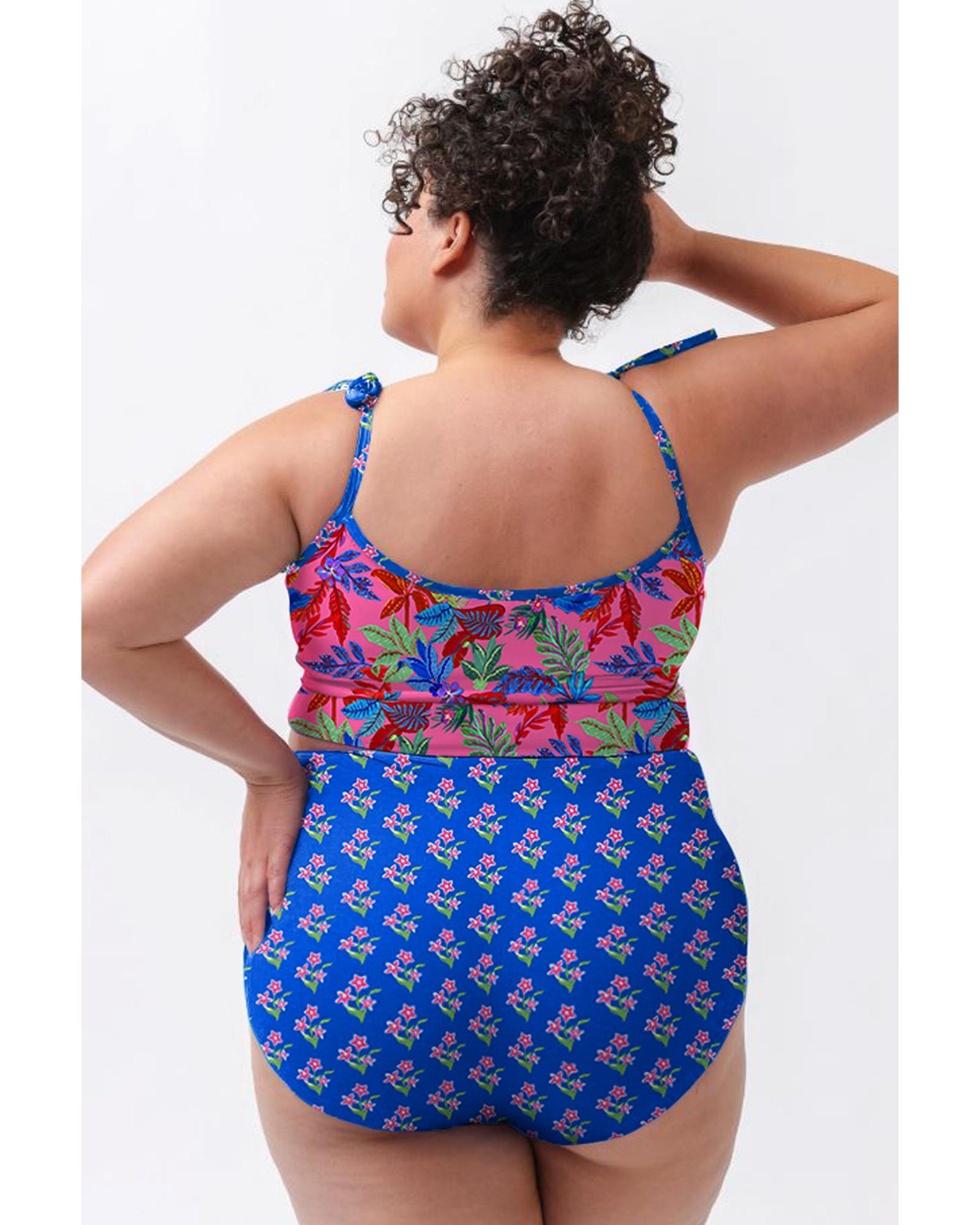 Blue Fashion Print Tied Straps Crop Vest and High Waist Plus Size Biki