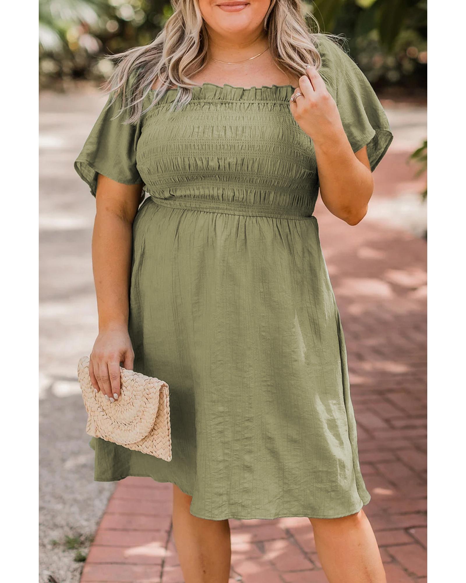 Grass Green Frilly Square Neck Flutter Sleeve Smocked High Waist Plus