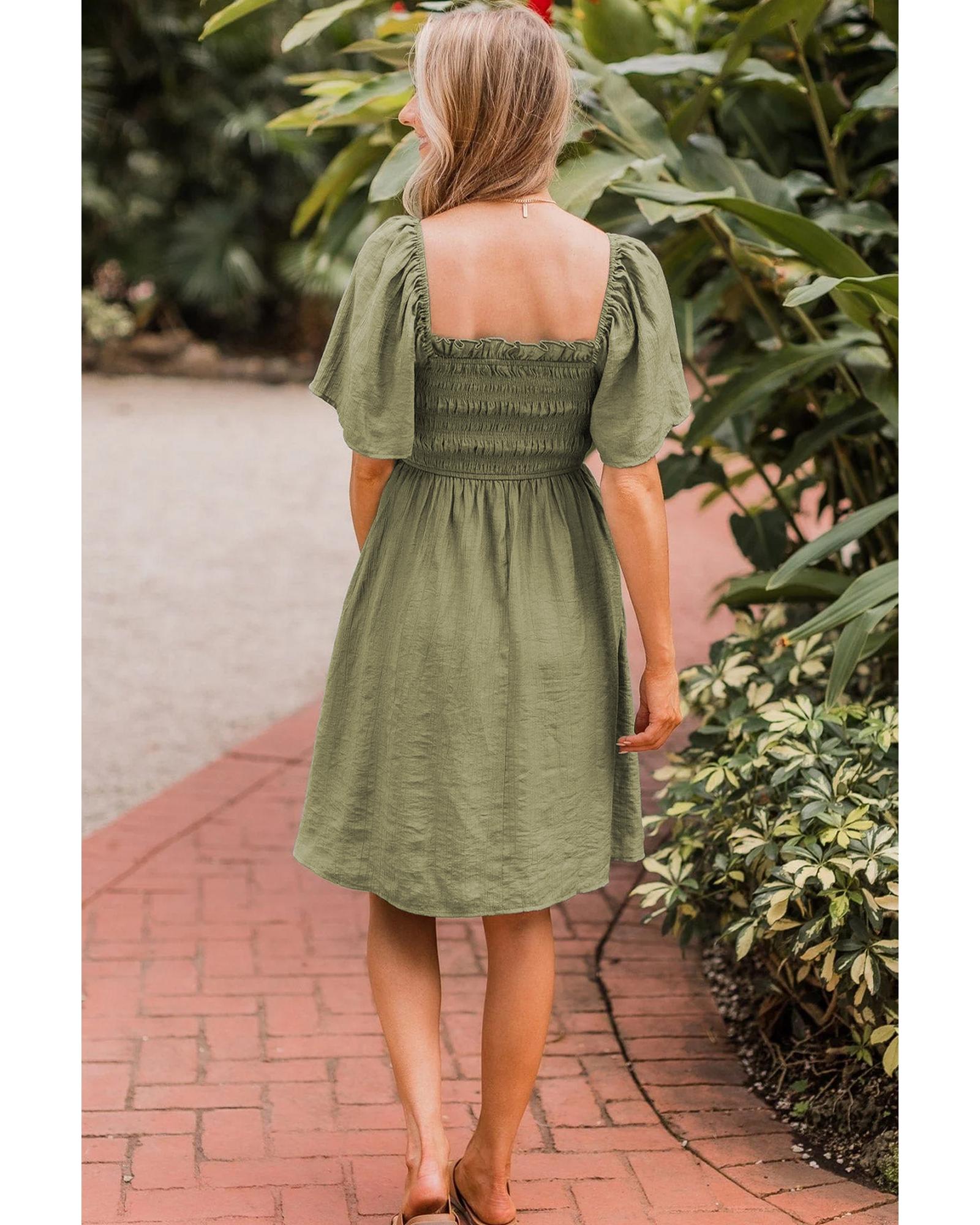 Grass Green Frilly Square Neck Flutter Sleeve Smocked High Waist Plus