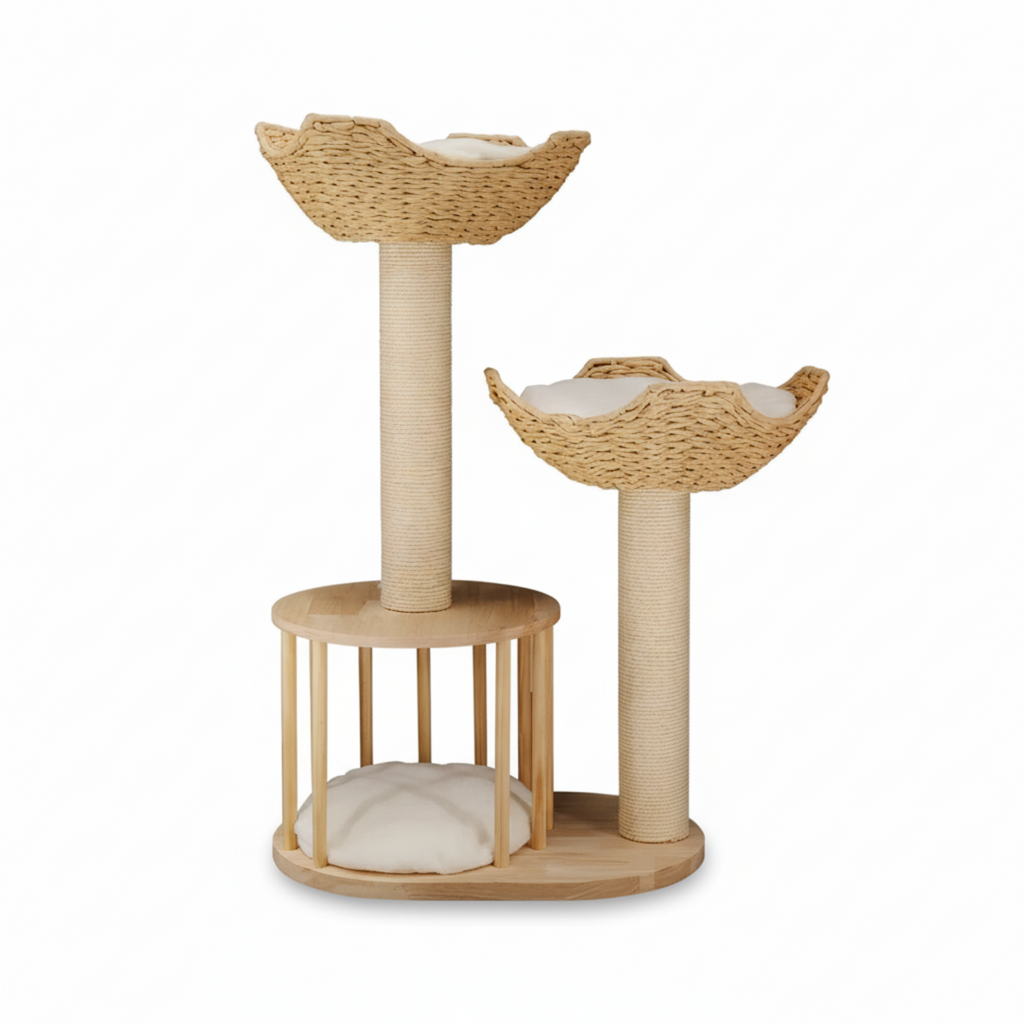 P&P Natural Wood White 3-Tier Cat Tower with Scratching Post, Condo an