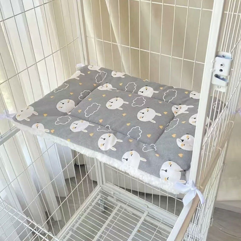 Tie-On Cat Cage Platform Pad - Rabbit pattern on Gray background (30x7