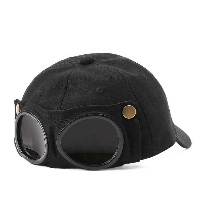 Black Stylish Aviator Goggle Baseball Cap - Unisex Outdoor Cotton Sun