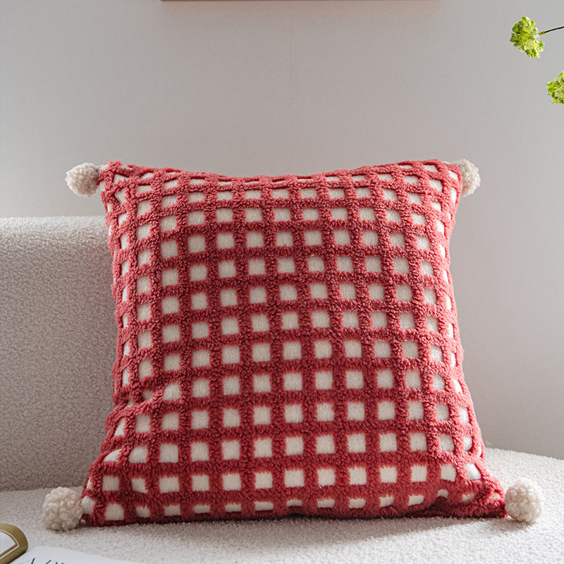 Red and Beige 3D Checkered Cushion Cover with Pom Poms - Soft Decorati
