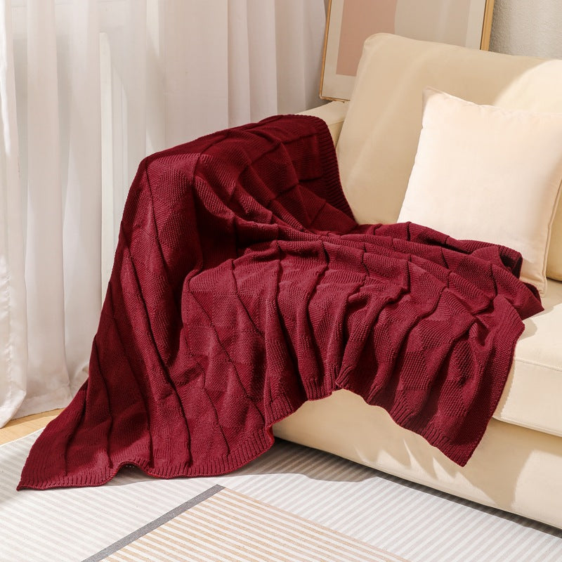 Claret Red Cozy Lightweight Acrylic Knit Throw Blanket - Diamond Waffl