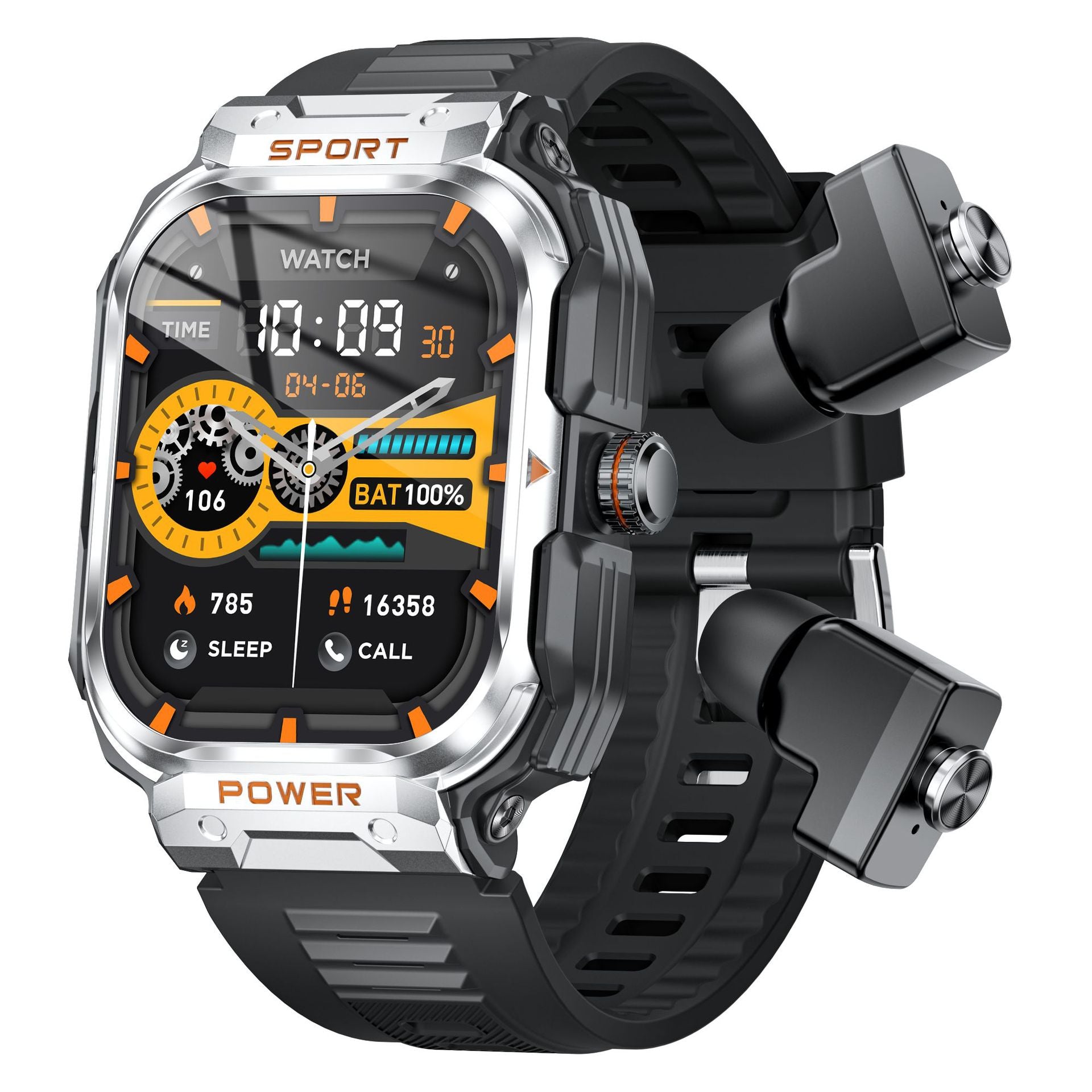 Silver 2-in-1 Smartwatch with Earbuds and 2.01-Inch HD Screen for Spor