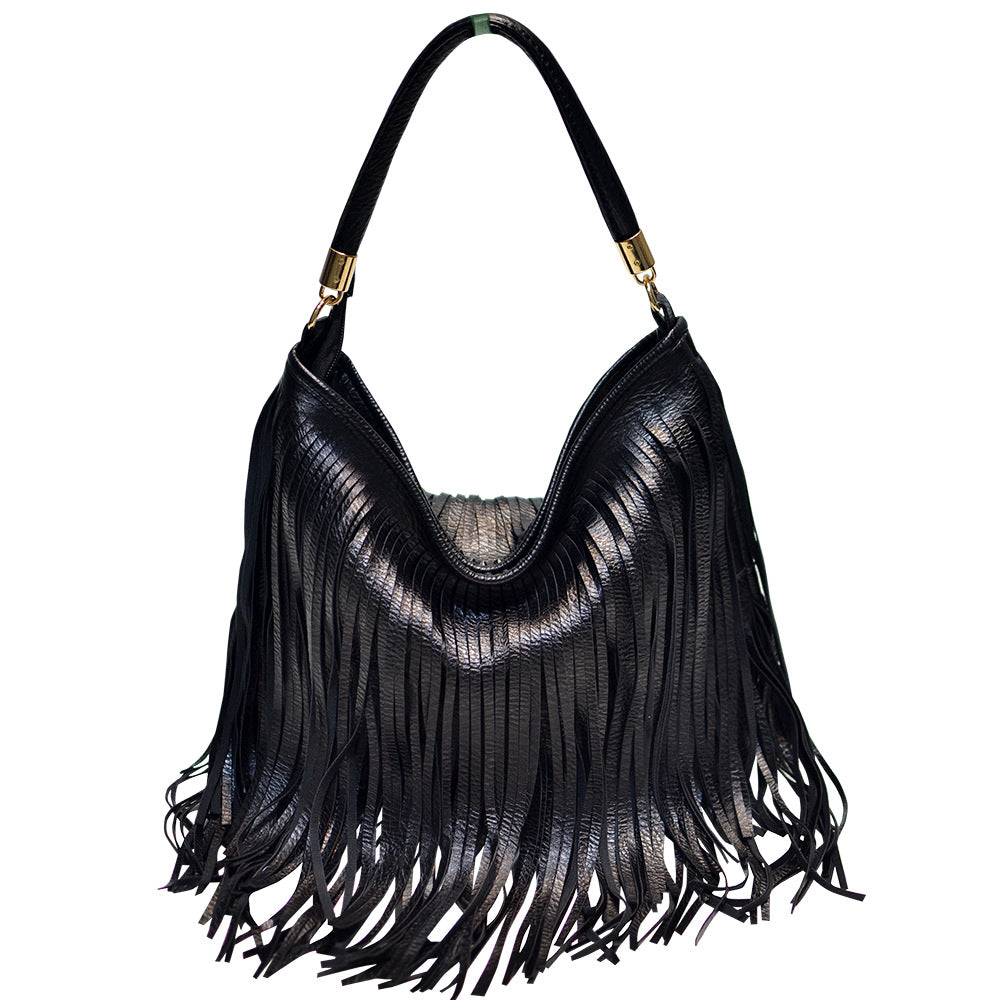 Chic Black Double Fringe Hobo Bag - Convertible Microfiber Leather Sho