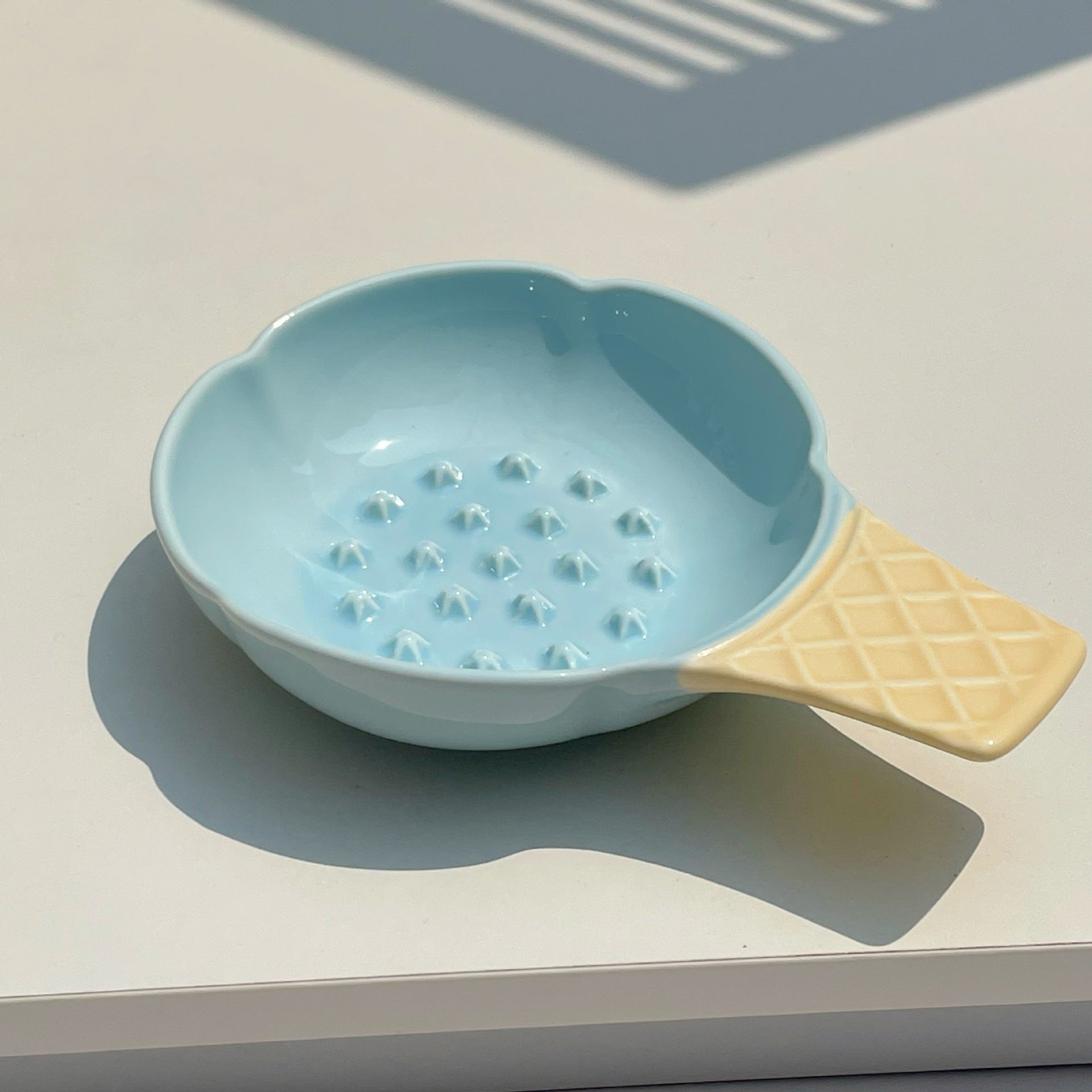 Blue and Yellow Adorable Ice Cream Cone Ceramic Slow Feeder Pet Bowl