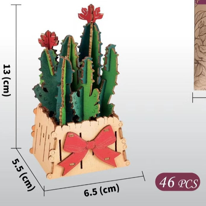 Thousand Flowers DIY 3D Wooden Cactus Puzzle with Red Flowers - 46-Pie