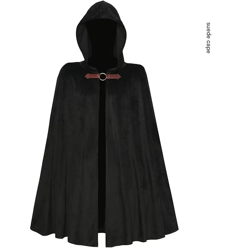 Black Shadow Wanderer Hooded Cape - Premium Velvet Robe for Jedi, Wiza