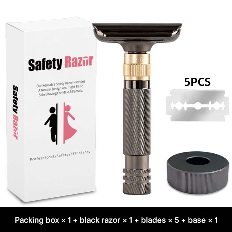 Black Premium Adjustable Double Edge Safety Razor Kit - 8-Setting Prec