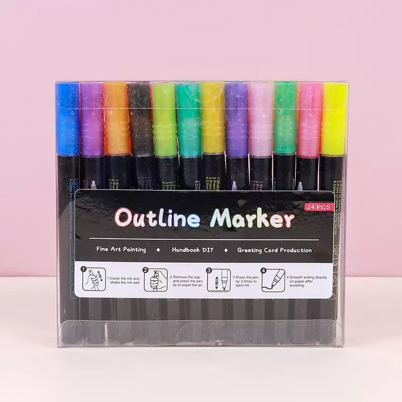 24 Piece Double Line Outline Pen Set Glitter Paint Markers 12 Colors S