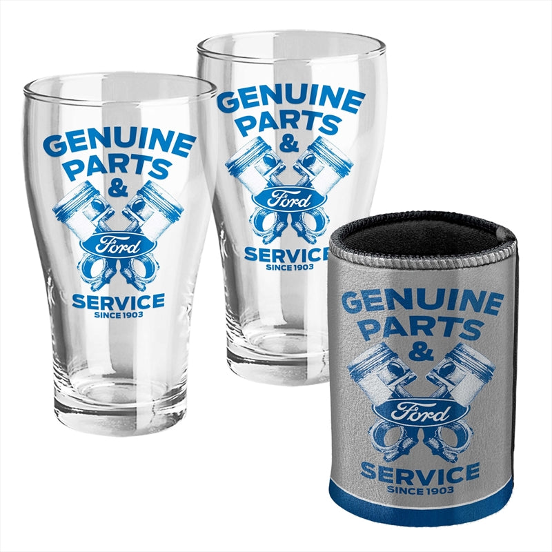 FORD Heritage Set 2 Schooner Glasses and one Metallic Can Cooler Gift