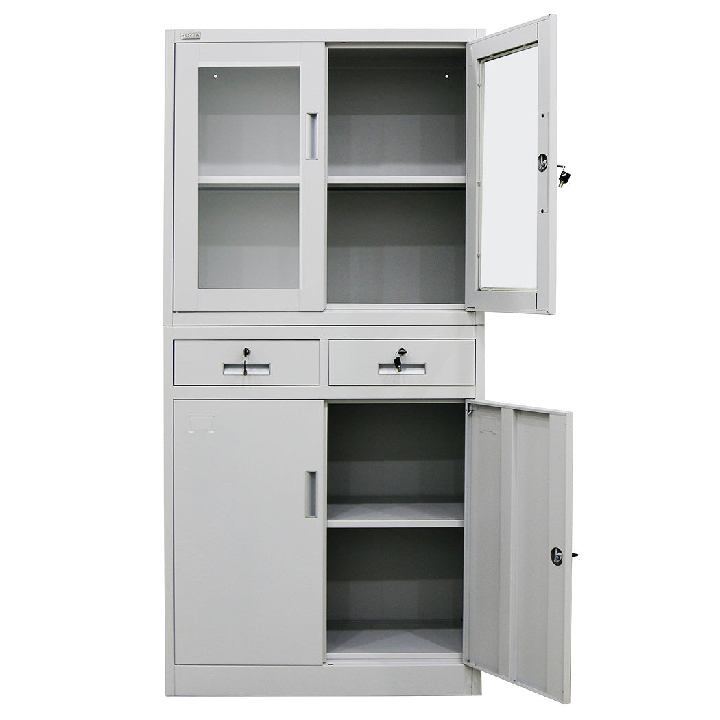 FORTIA 4-Door Lockable Steel Stationery Storage Cabinet, Display Windo