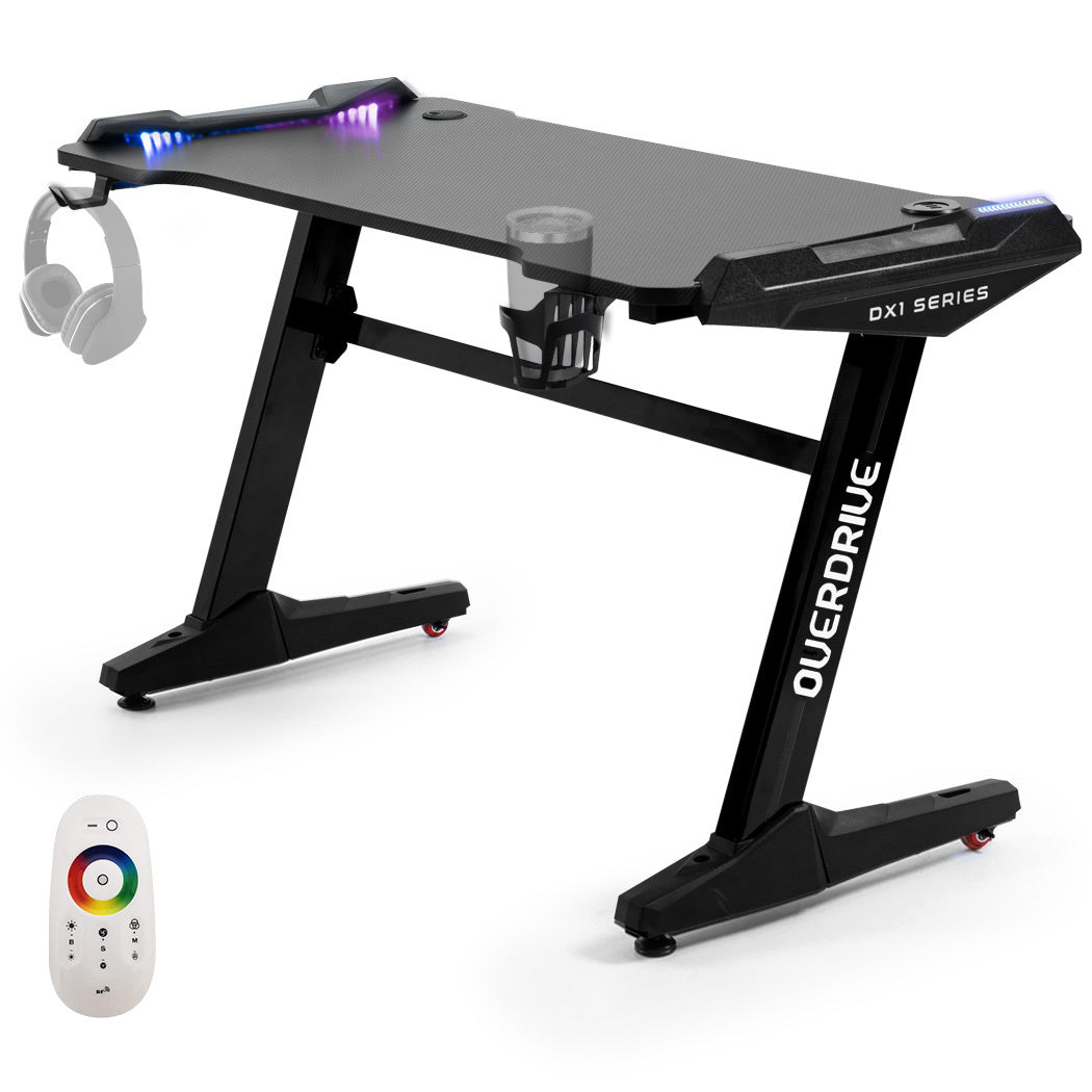 OVERDRIVE Gaming Desk, 120x60cm, Carbon Fiber Styling, LED Lights, Hea
