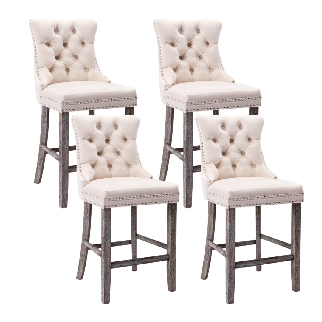 4X Velvet Bar Stools with Studs Trim Wooden Legs Tufted Dining Chairs
