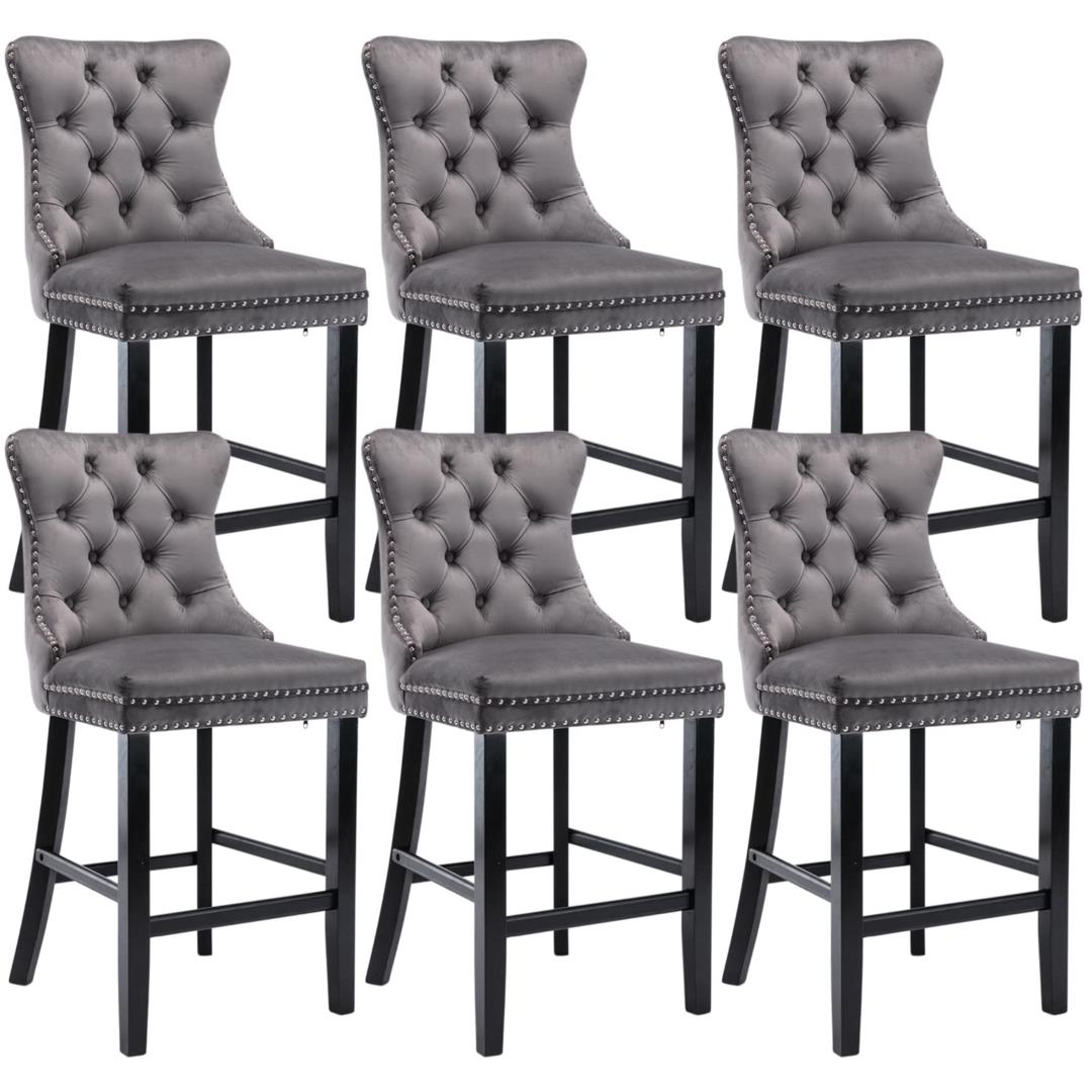 6X Velvet Bar Stools with Studs Trim Wooden Legs Tufted Dining Chairs