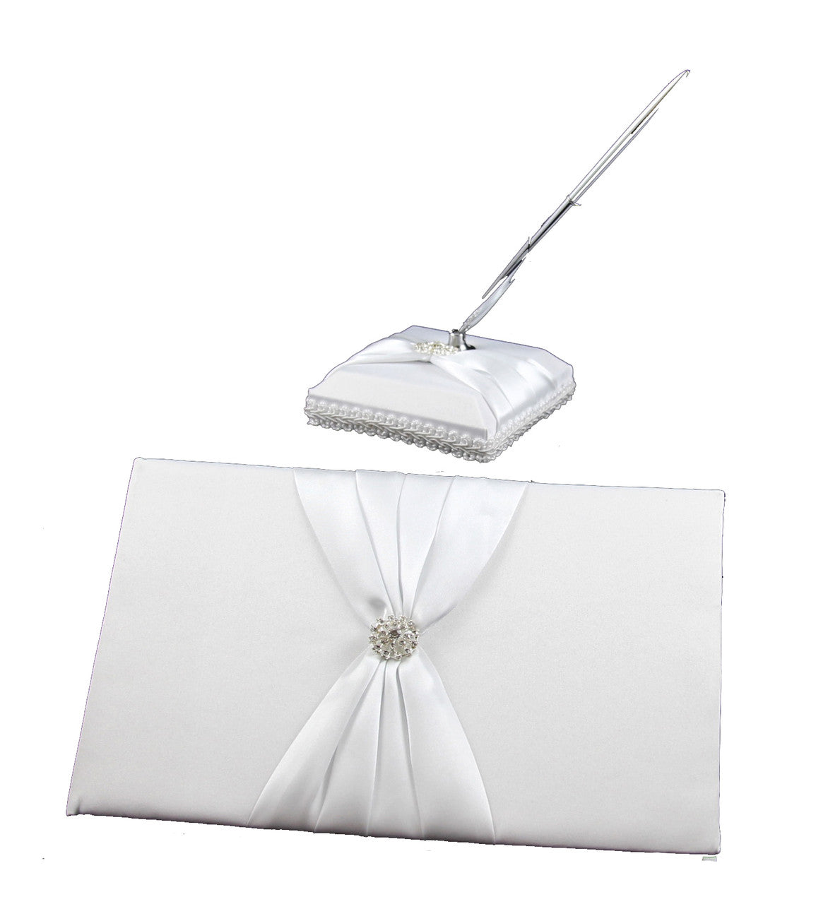 White Wedding Guest Book Register with Silver Pen Matching Stand Set 3