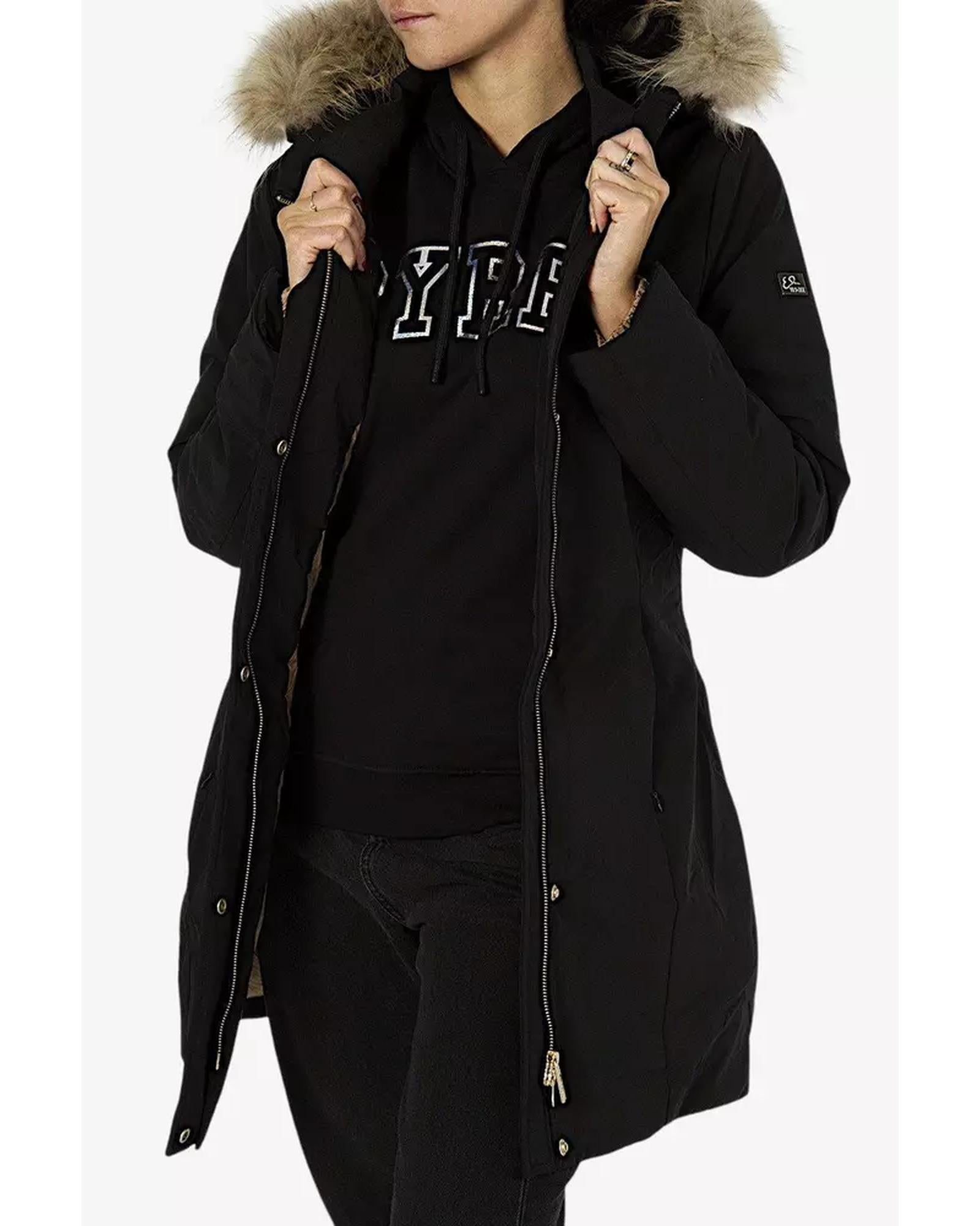 Technical Fabric Womens Jacket with Goose Down Filling and Fur Hood XL