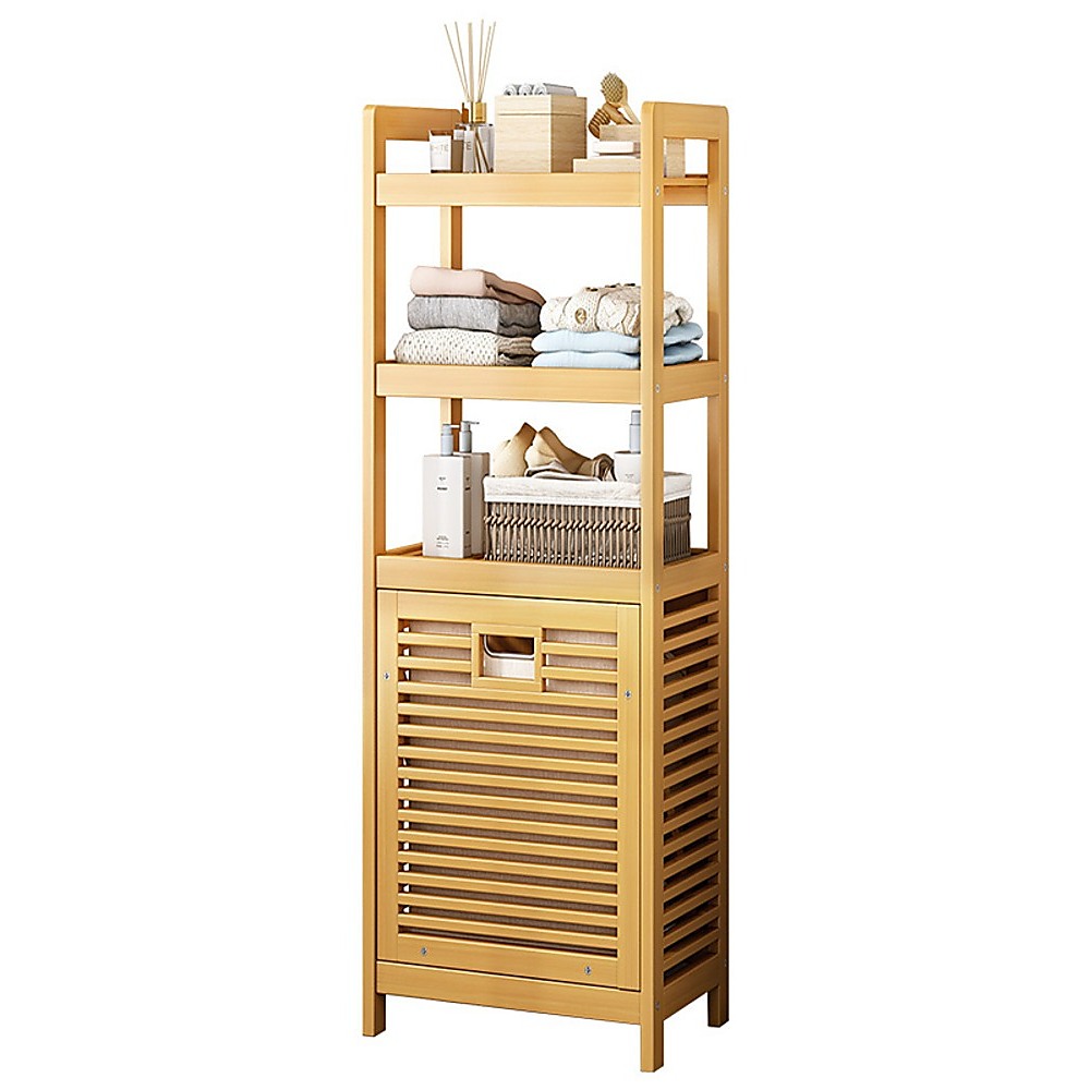 Bamboo 2-in-1 Laundry Hamper Side Table with 2 Shelves and Clothes Bas